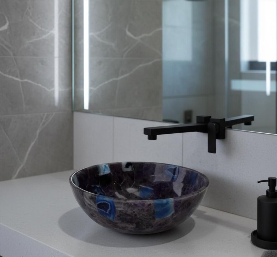 Amethyst Blue Agate Stone Vessel Sink Luxury Handmade Bathroom Basin ...