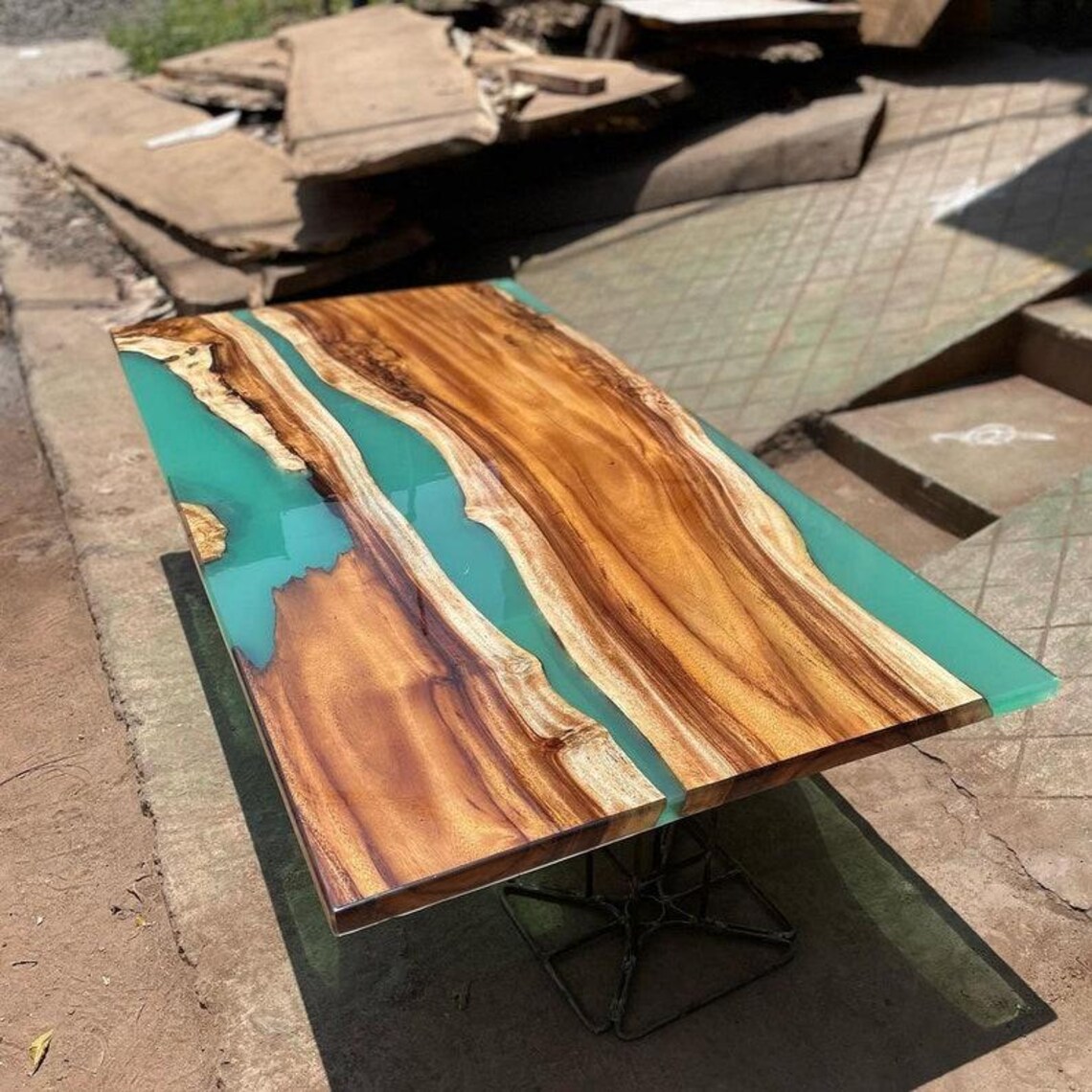 Handcrafted Live Edge Wood River Table With Turquoise Epoxy | Ocean ...