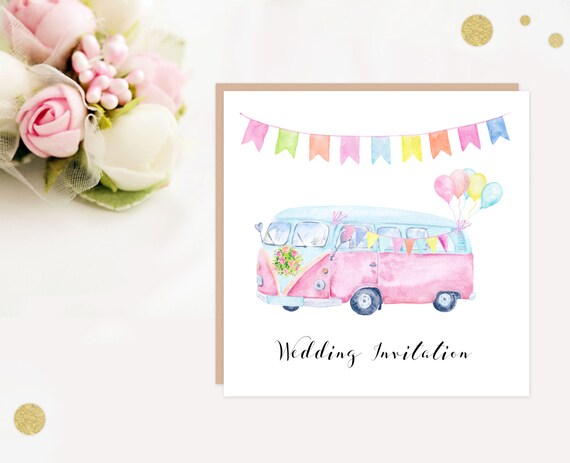 Pink Camper Van Wedding Invitations Ready to Write Wedding | Etsy UK