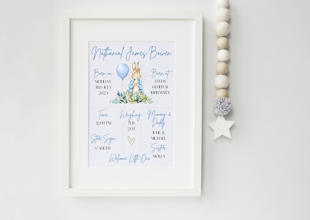 Peter Rabbit Baby Birth Chart Personalised New Baby Print - Etsy