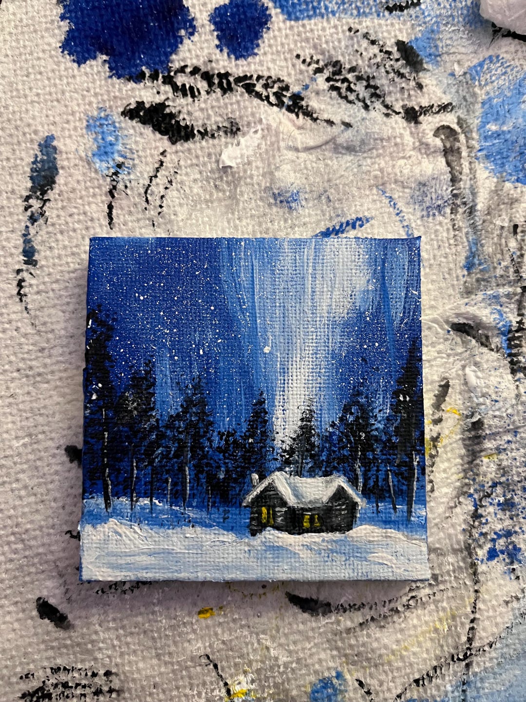Mini Winter Cabin Acrylic Painting 3 X 3 Canvas With Easel - Etsy