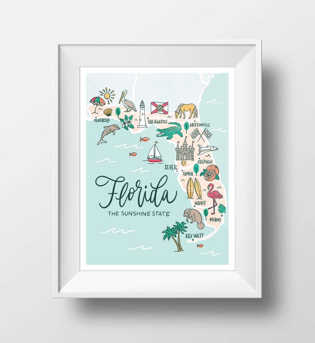 Florida Sunshine State Map Lettering Illustration Wall Art Print ...