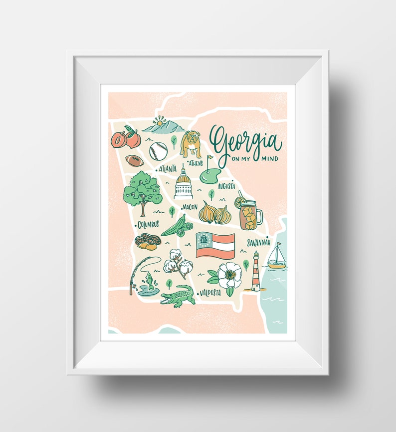 Georgia on My Mind Map Lettering Illustration Wall Art Print - 11x14 - Etsy