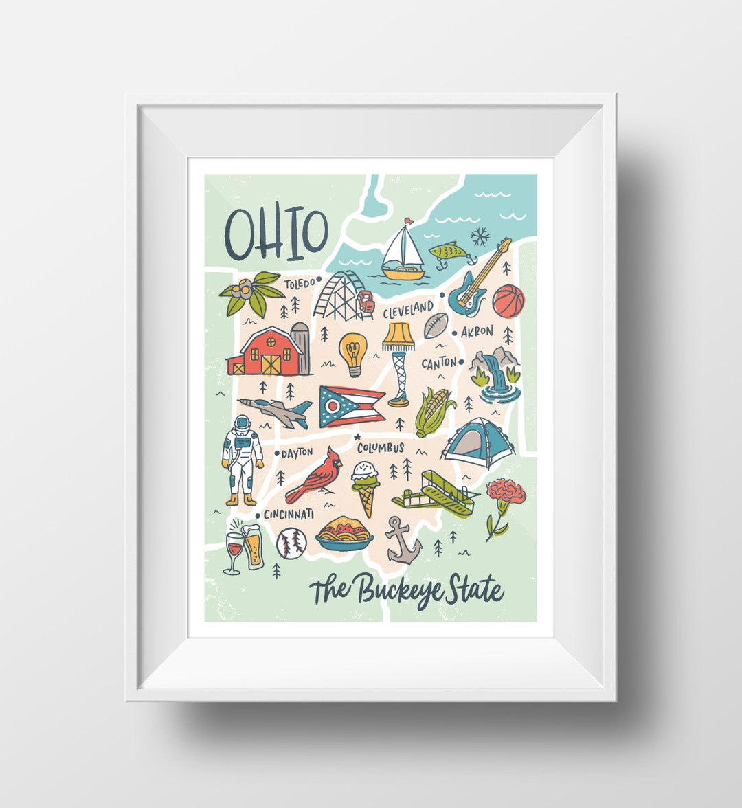 Ohio State Map Lettering Illustration Wall Art Print - 11x14 - Etsy