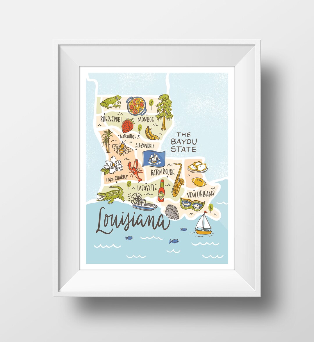 Louisiana Bayou State Map Lettering Illustration Wall Art Print - 11x14 ...