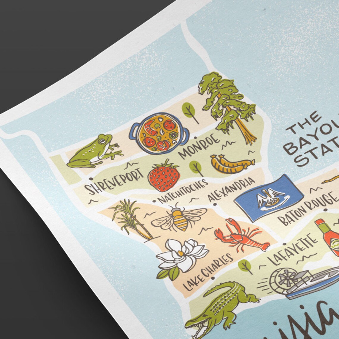 Louisiana Bayou State Map Lettering Illustration Wall Art Print - 11x14 ...