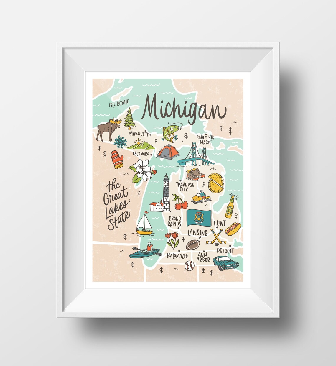 Michigan State Map Lettering Illustration Wall Art Print - 11x14 - Etsy