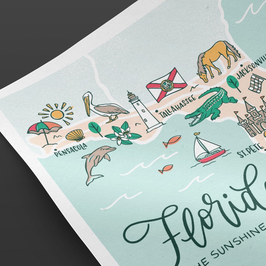 Florida Sunshine State Map Lettering Illustration Wall Art Print 11x14 ...