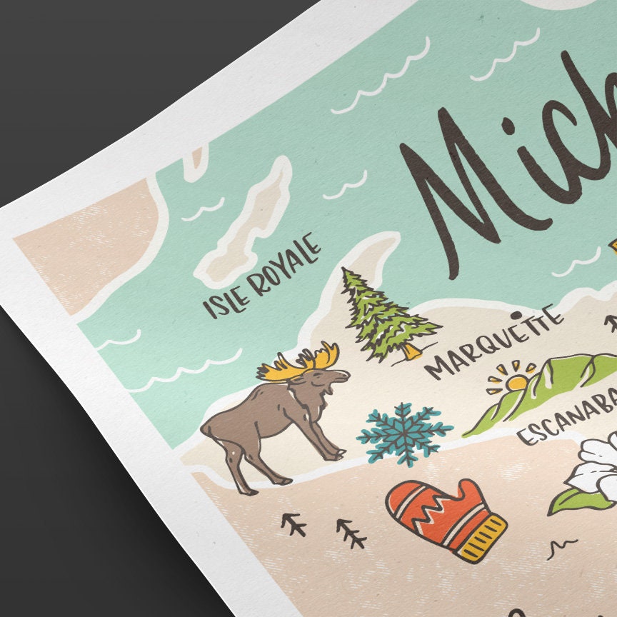Michigan State Map Lettering Illustration Wall Art Print - 11x14 - Etsy
