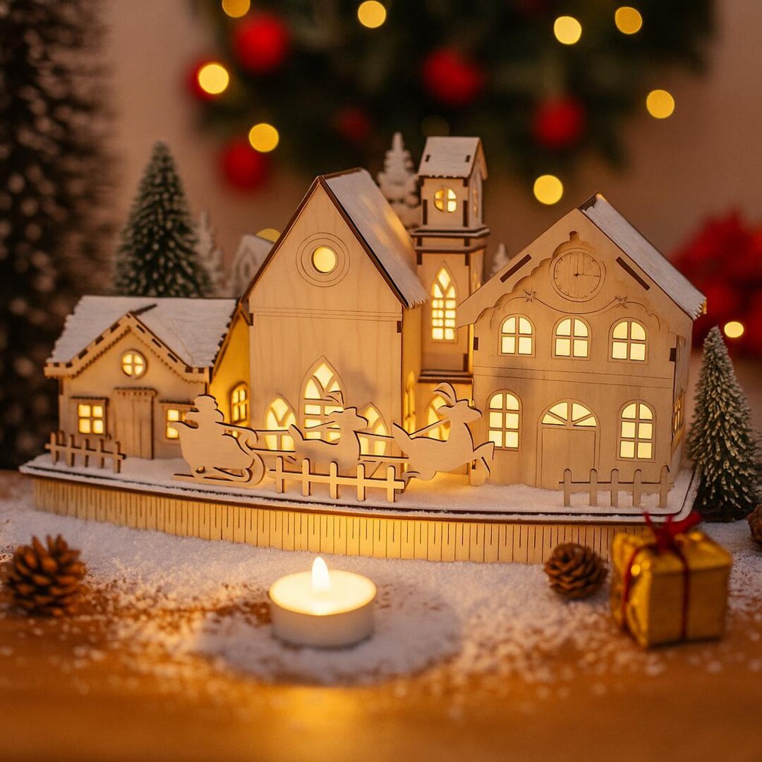 Weihnachtsdorf Laser Cut Files: Häuser, Kirche, Pferdeschlitten Designs ...