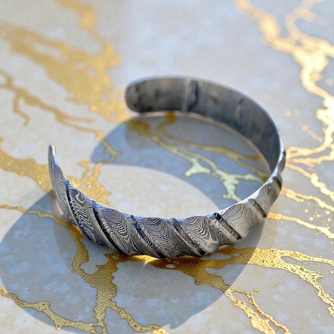 Damascus Twist Bangle Hand Forged Steel Cuff Bracelet Viking Modern ...