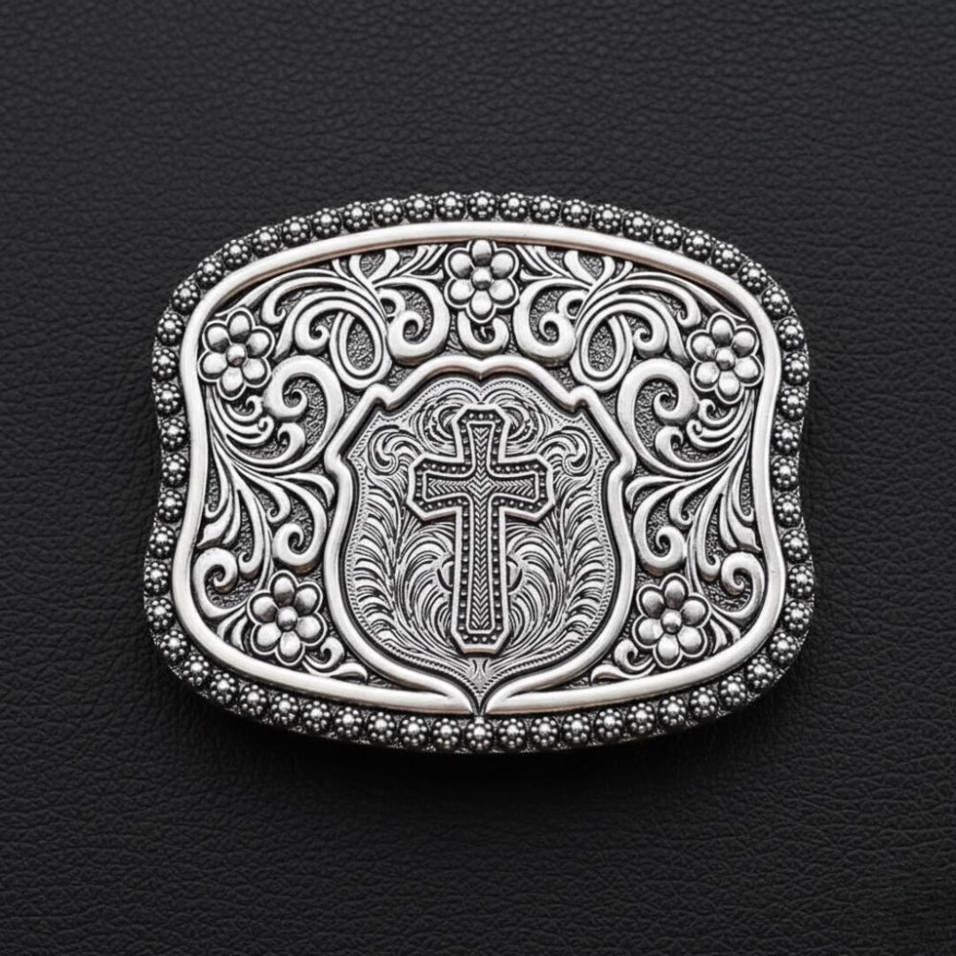 Silver Christian Cross Belt Buckle - Western Cowboy Floral Engraved ...
