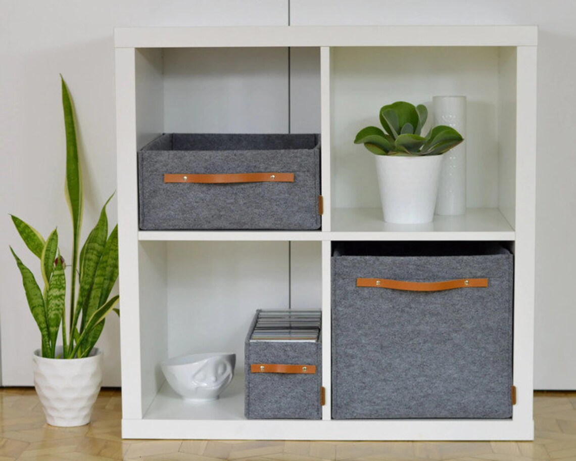 CD Storage Box With Leather Handle Felt Basket Minimalist - Etsy