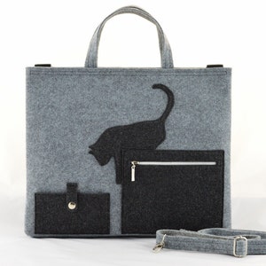 Felt Laptop Bag With a Cat Application, Messenger Bag, Grey Big Size ...