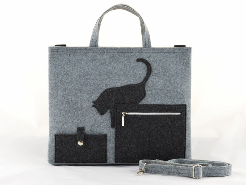 Felt Laptop Bag With a Cat Application Messenger Bag Grey - Etsy