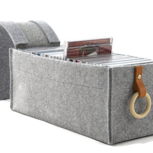 CD Storage Box With a Flap, Wooden Ring and Leather Handle, Felt Basket ...