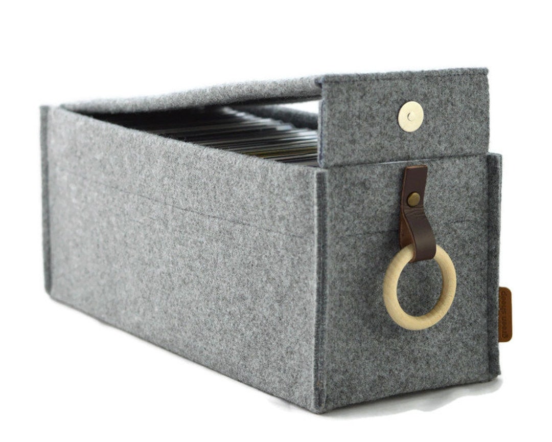 CD Storage Box With a Flap, Wooden Ring and Leather Handle, Felt Basket ...