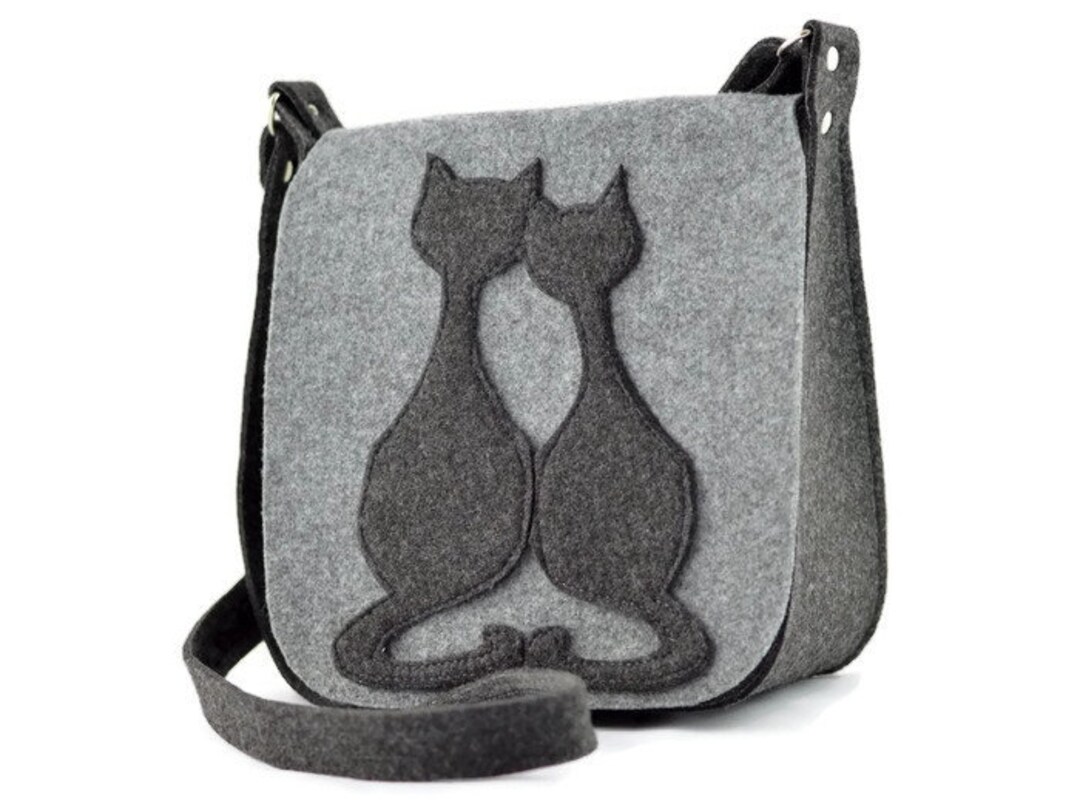 Gray Medium Size Felt Bag With Cats Applique, Kitty Crossbody Purse ...