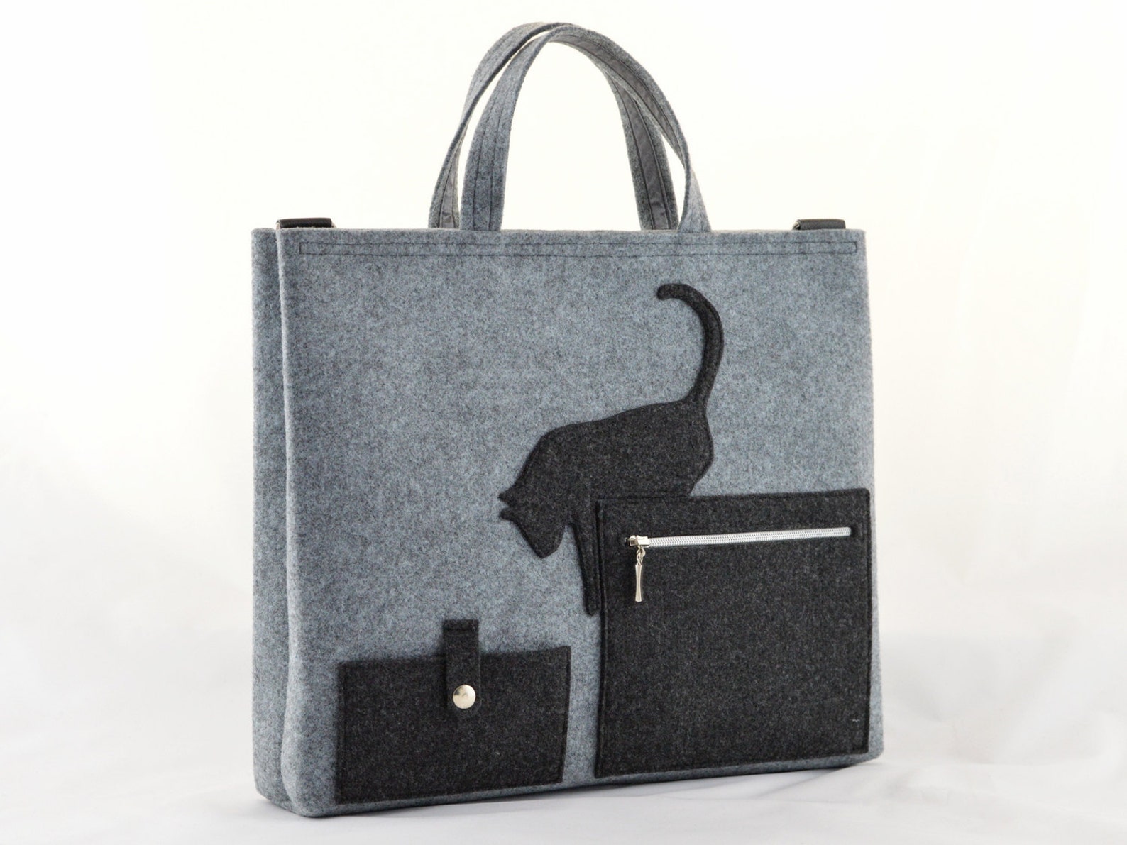 Felt Laptop Bag With a Cat Application Messenger Bag Grey - Etsy