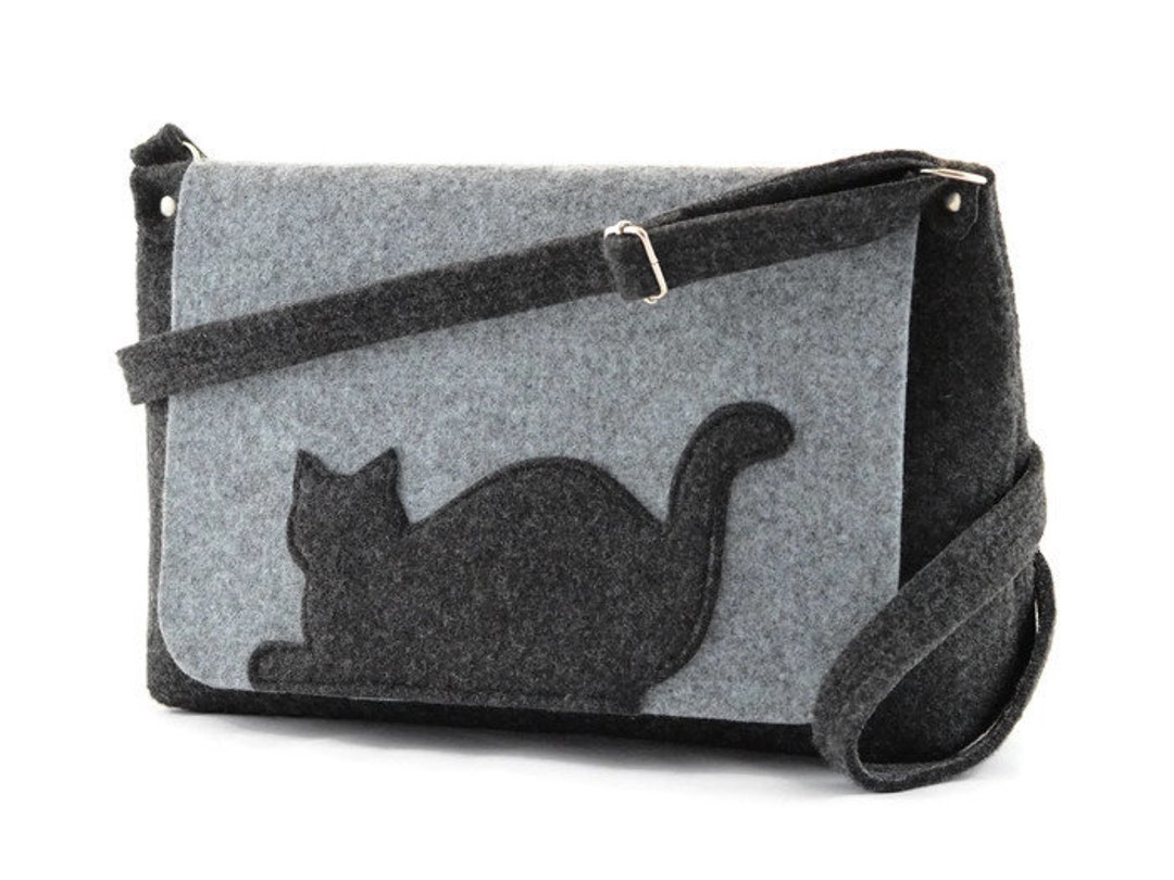 Felt Purse With Cat, Gray Medium Size Felt Crossbody Bag With Kitty ...