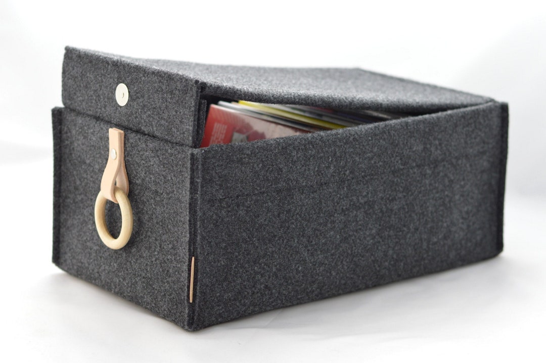 DVD Storage Box With Wooden and Leather Handle and a Flap, Felt Basket ...