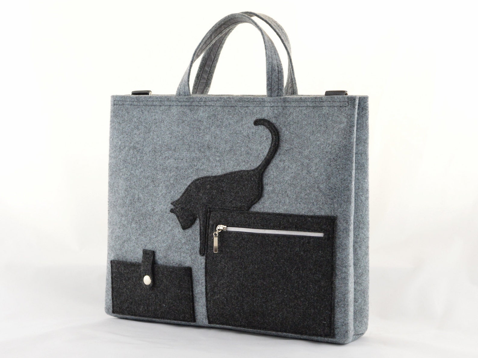 Felt Laptop Bag With a Cat Application Messenger Bag Grey - Etsy