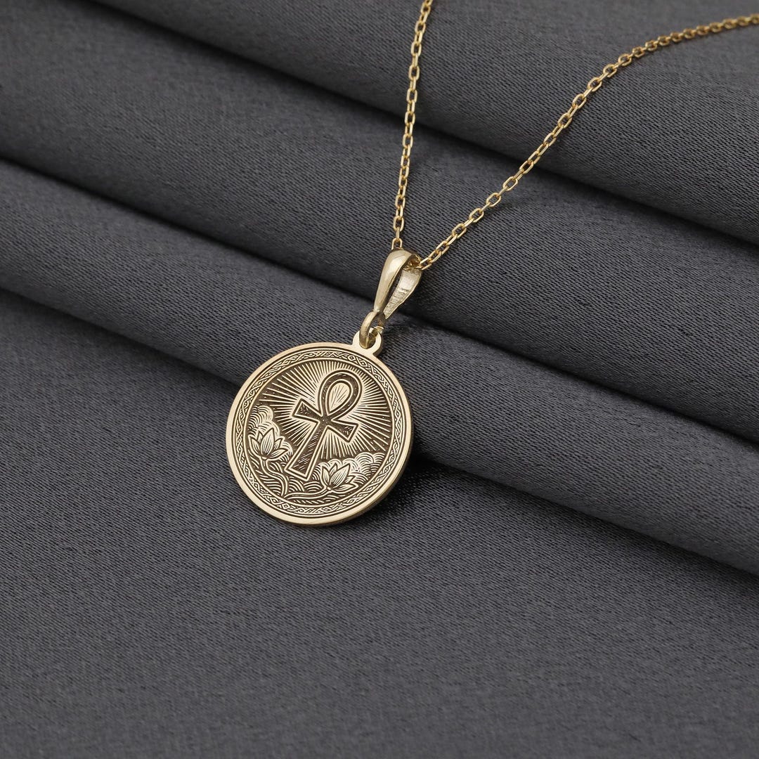 14K Gold Ankh Necklace – Egyptian Life Symbol Lotus Engraved Medallion ...
