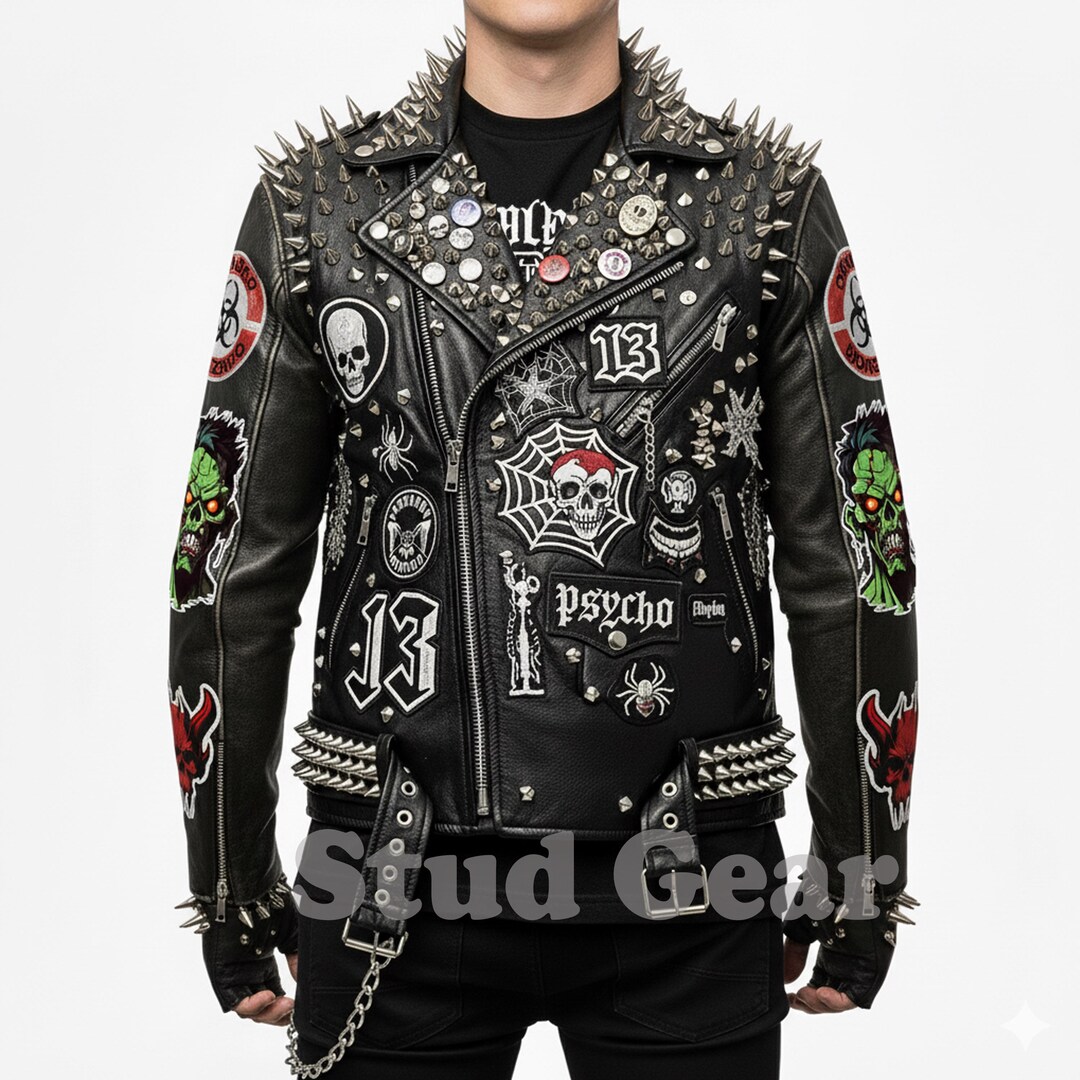 Rebel Studded Spike Jacket Black Leather Skull Patches Cone Spikes ...