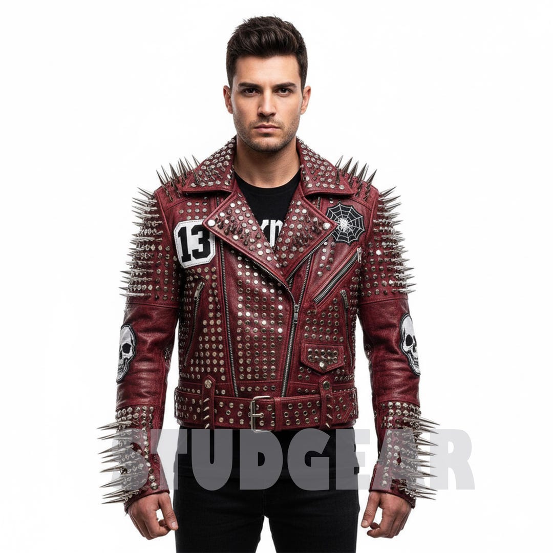 Red Spiked Biker Jacket for Men | Gothic Studded Leather Coat | Skull ...