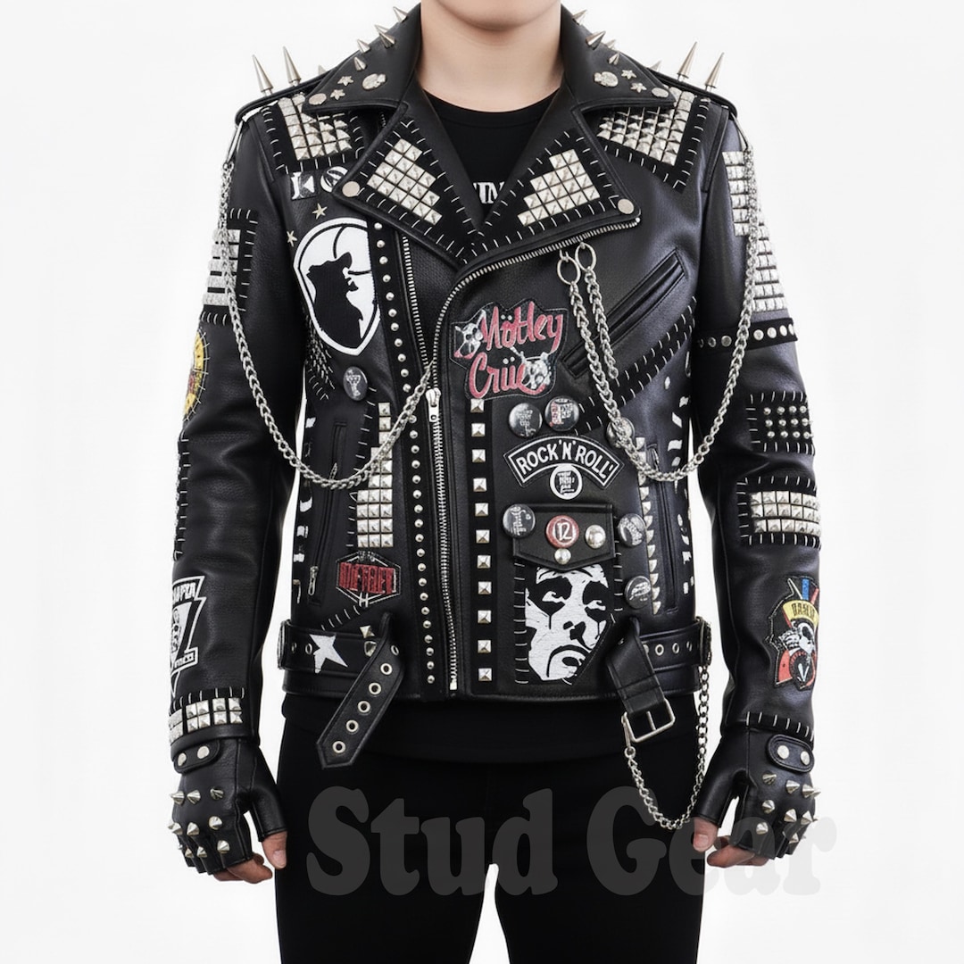 Ultimate Rock Band Studded Chain Punk Jacket Black Leather Silver Stud ...