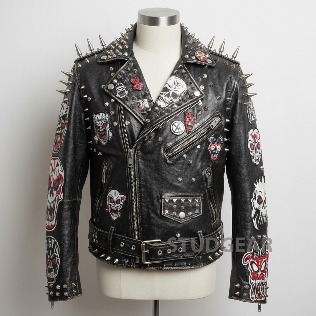 Studded Punk Leather Biker Jacket Men | Extreme Cone Spikes & Skull ...