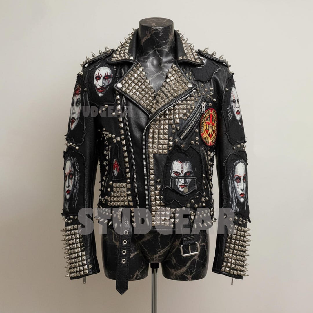 Black Spiked Leather Biker Jacket | Pyramid Studs & NERD Patches ...