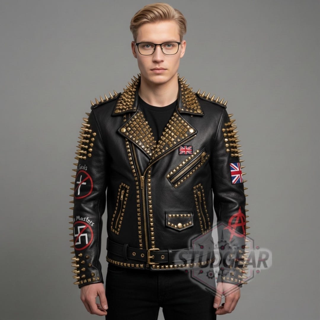 Black Studded Punk Biker Leather Jacket for Men Gold Spikes Handmade ...