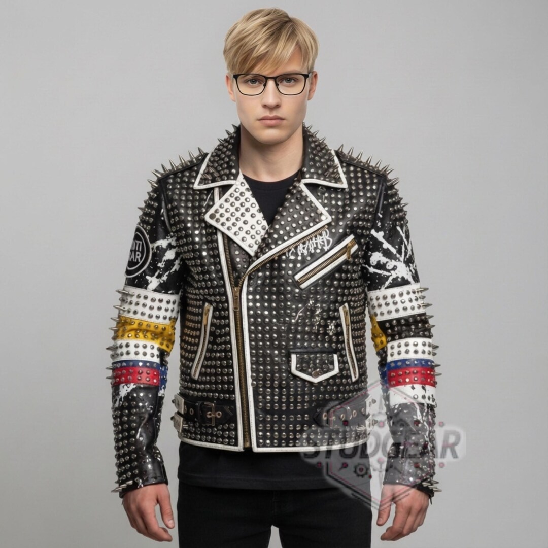 Studded Leather Punk Biker Jacket Mens Womens Handmade Spiked Rock Roll ...