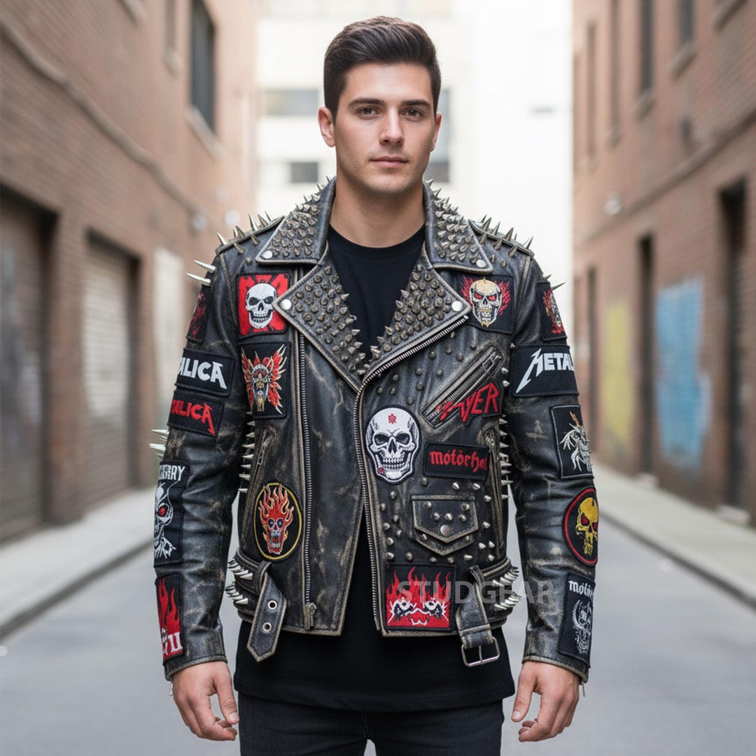 Studded Biker Jacket Men | Spiked Distressed Leather Punk Coat | Heavy ...