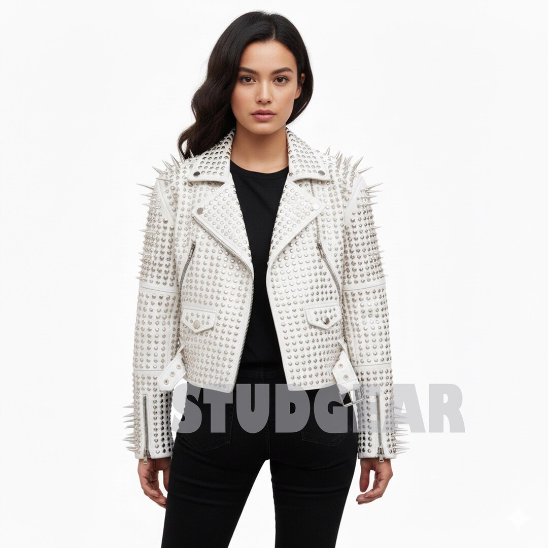Punk Rock Gothic White Spiked Biker Jacket | Silver Studded Leather ...