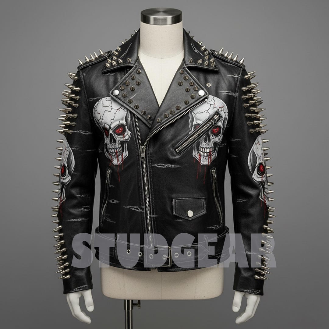Men's Ripped Skull Spiked Biker Jacket | Gothic Punk Leather Coat ...
