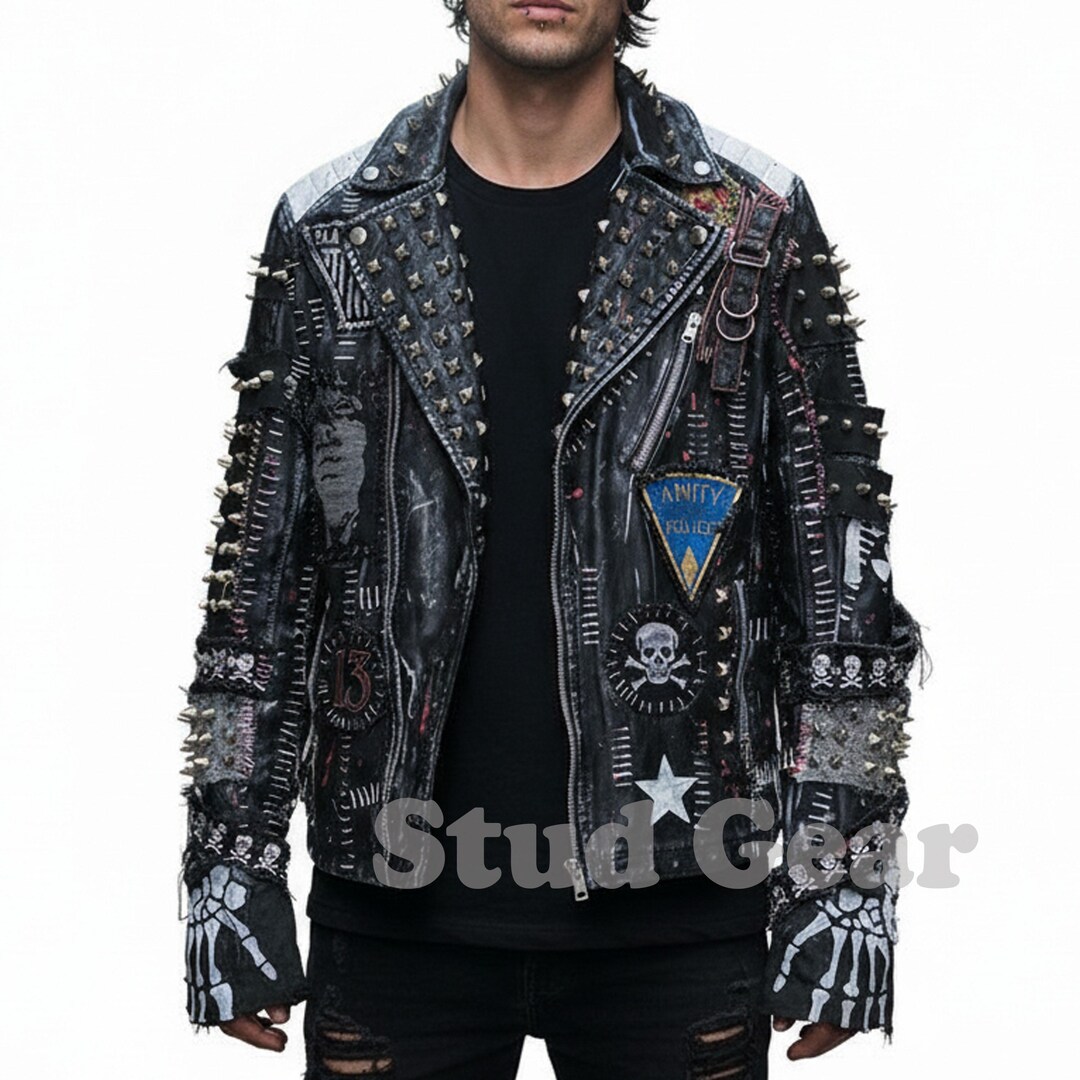Distressed Spiked Leather Jacket | Black Spine Skull Art | Chains ...
