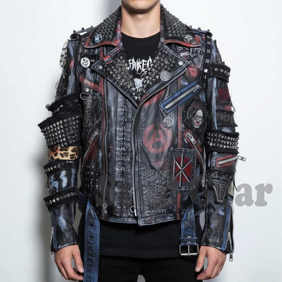 British Punk Jacket Hand Painted Studded Leather Union Jack Skull ...