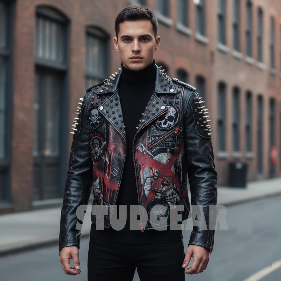 Angel Wings Studded Leather Jacket Black With Hand-painted Red Blood ...