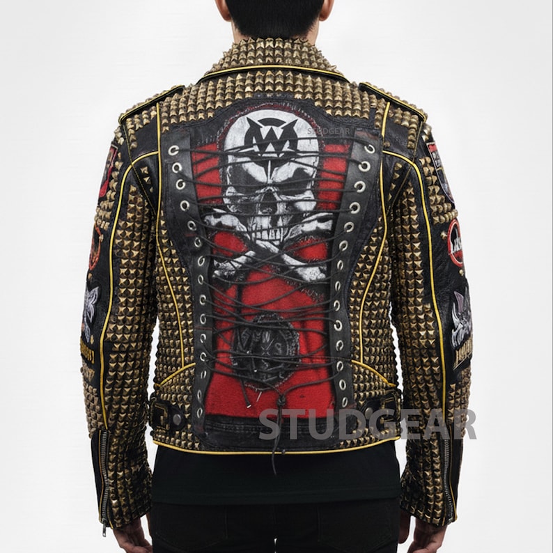 Gold Studded Punk Jacket Black Leather Bronze Pyramid Studs Skull ...