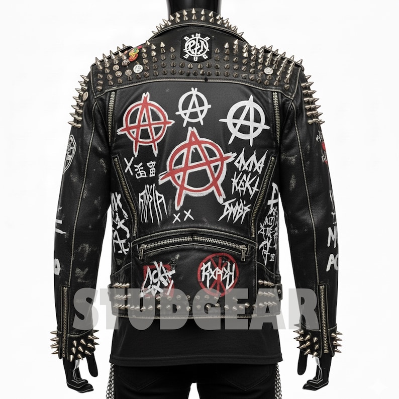 Distressed Black Anarchy Graffiti Leather Jacket | Extreme Spikes Studs ...