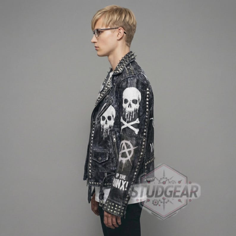 Distressed Studded Punk Rock Biker Leather Jacket Mens Womens Skull ...