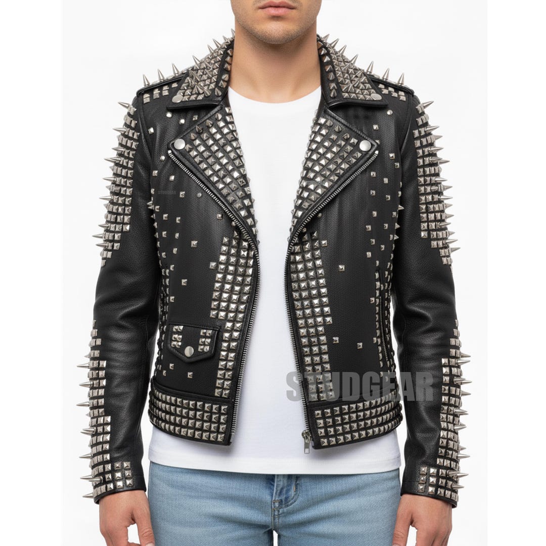 Men's Black Leather Studded Jacket | Pixelated Pyramid Art | Spiked ...