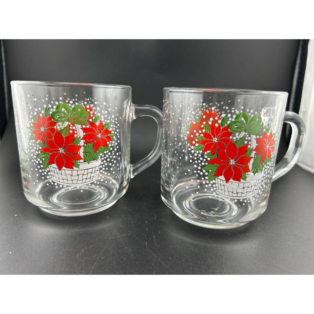 Set of 2 Vintage Luminarc Glass Mugs Christmas Poinsettia Basket Design ...