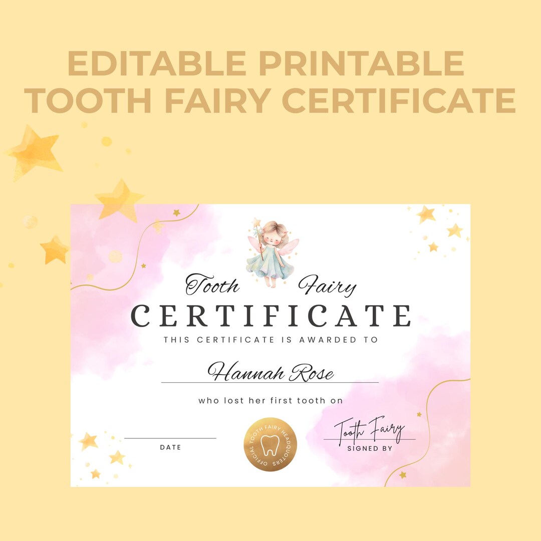 Tooth Fairy Certificate for Losing First Tooth EDITABLE PRINTABLE - Etsy