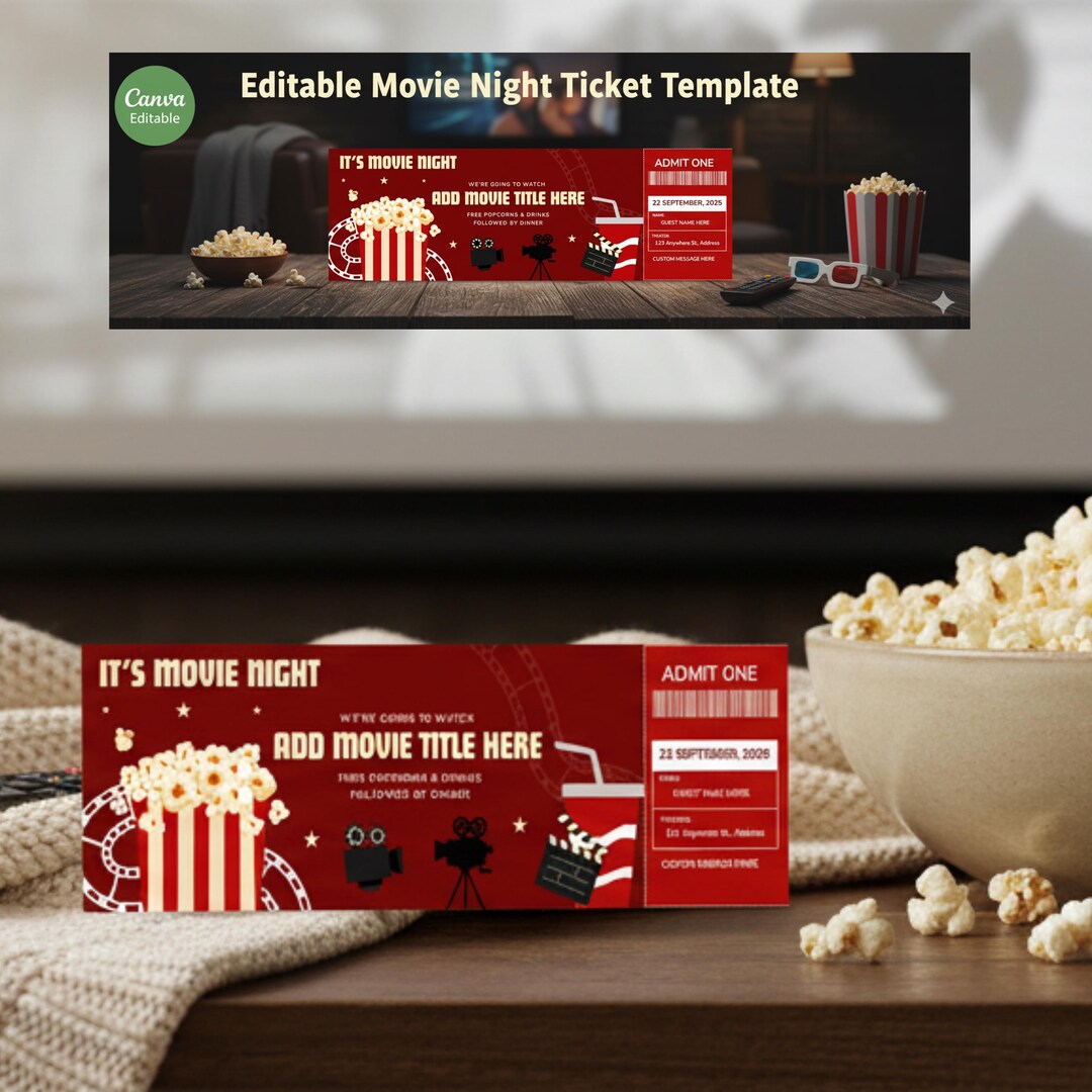 Editable Movie Ticket | Printable Movie Gift Template | Cinema Birthday ...