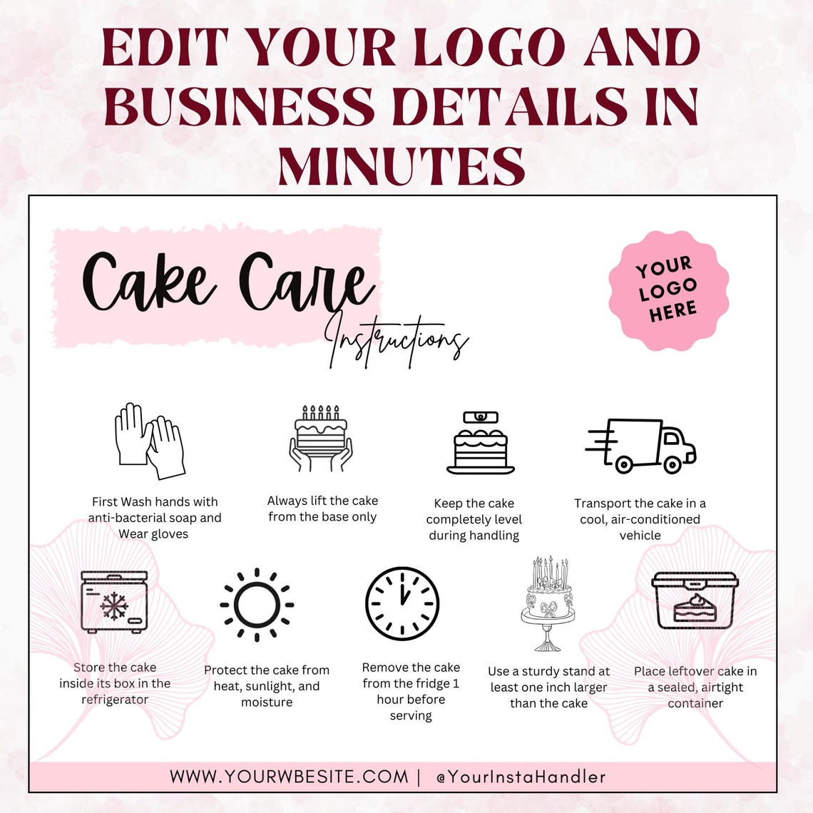Cake Care & Cutting Guide Set | Editable Canva Template | Cake Care ...