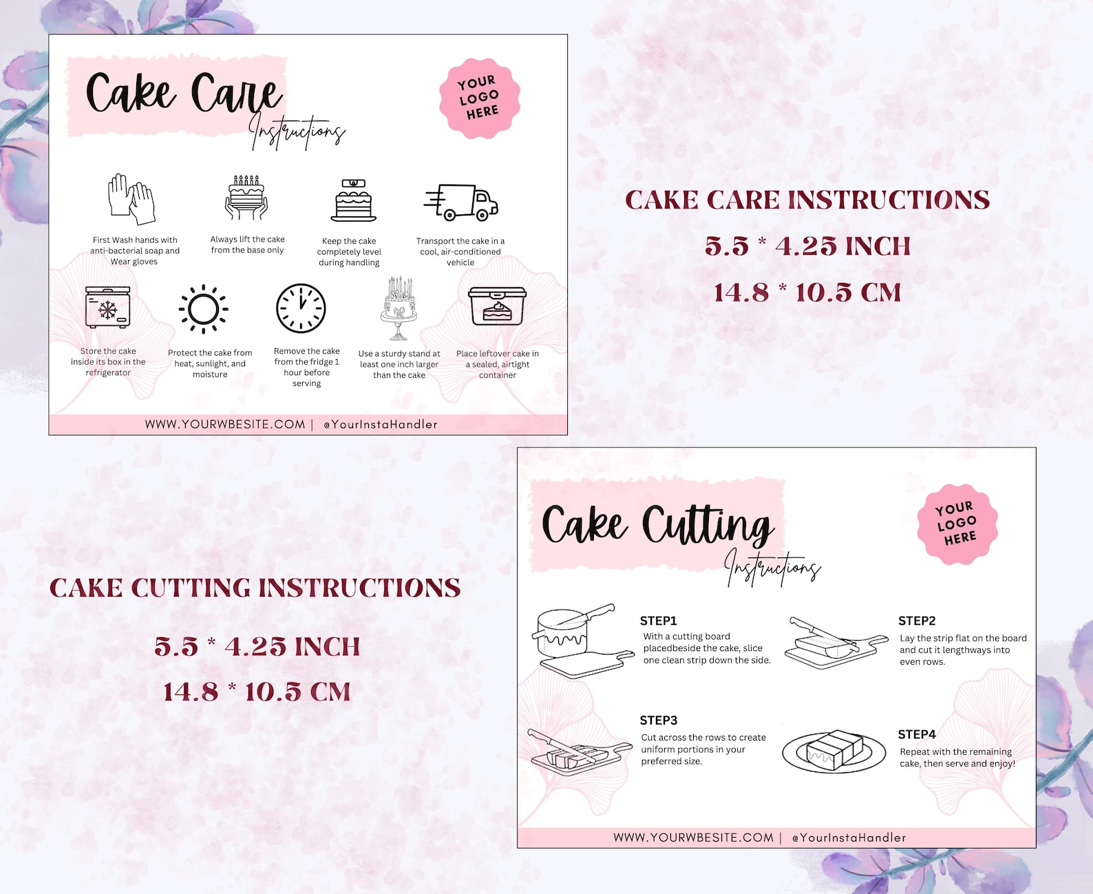 Cake Care & Cutting Guide Set | Editable Canva Template | Cake Care ...
