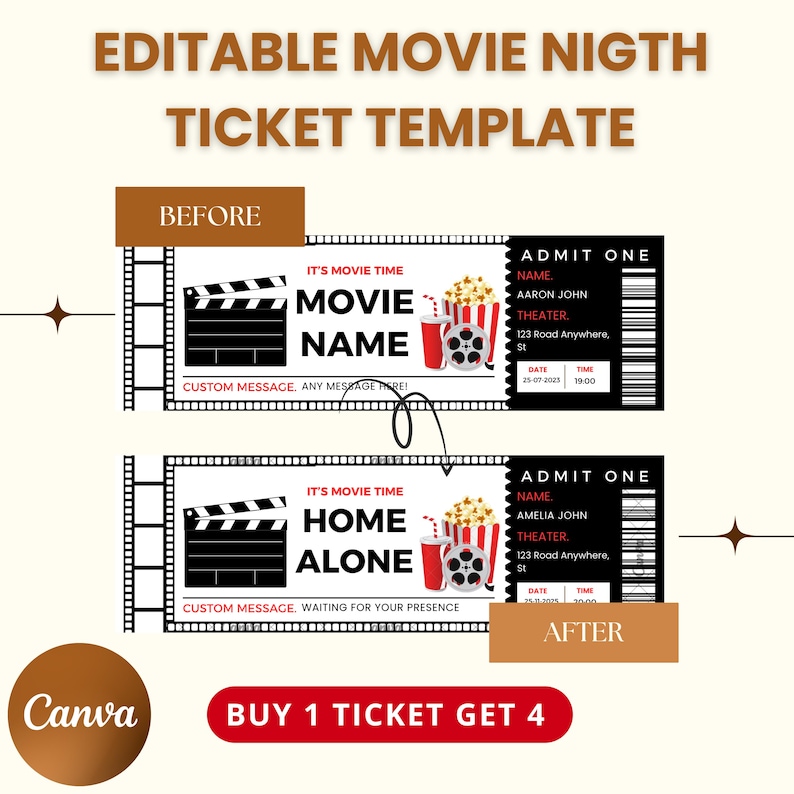 Printable Movie Night Ticket | Editable Movie Gift Template | Cinema ...